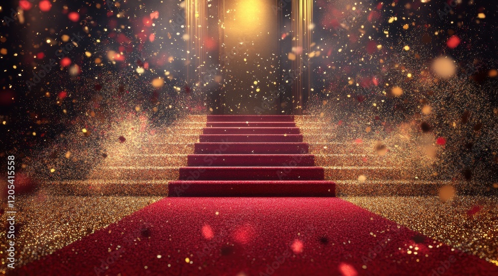 Red carpet background with golden confetti and glitter on the floor, a ...