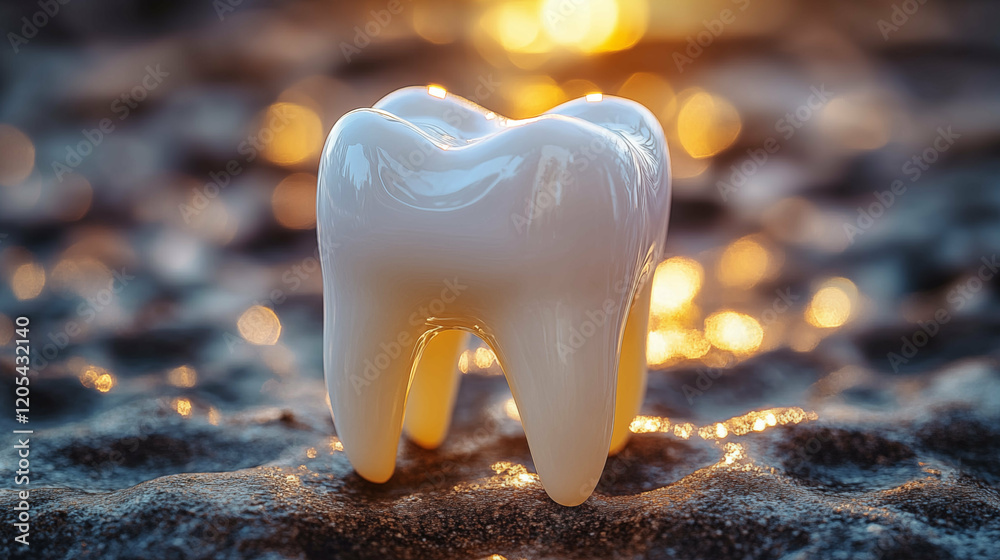 Dental tooth model with golden bokeh effects representing dental care ...