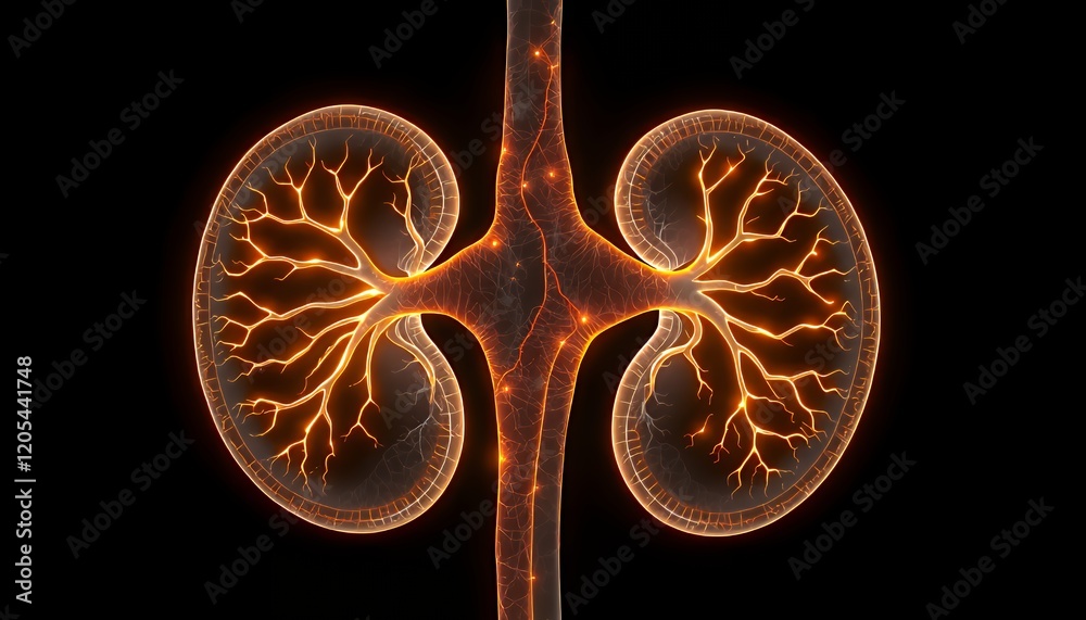 Glowing Human Kidneys: Intricate 3D Medical Illustration of the Renal ...