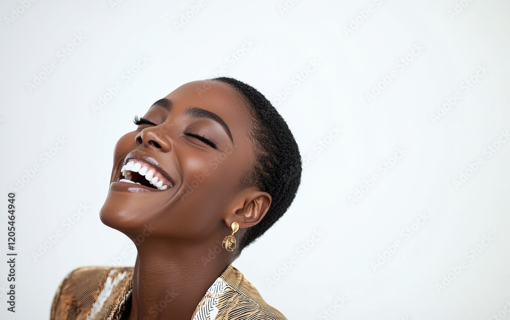 A stylish woman with a big smile, tilting her head back in laughter ...