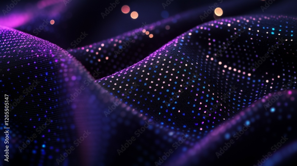 Dark purple background with shiny sequins and bokeh lights. Black, pink, and blue colors. Wide ...
