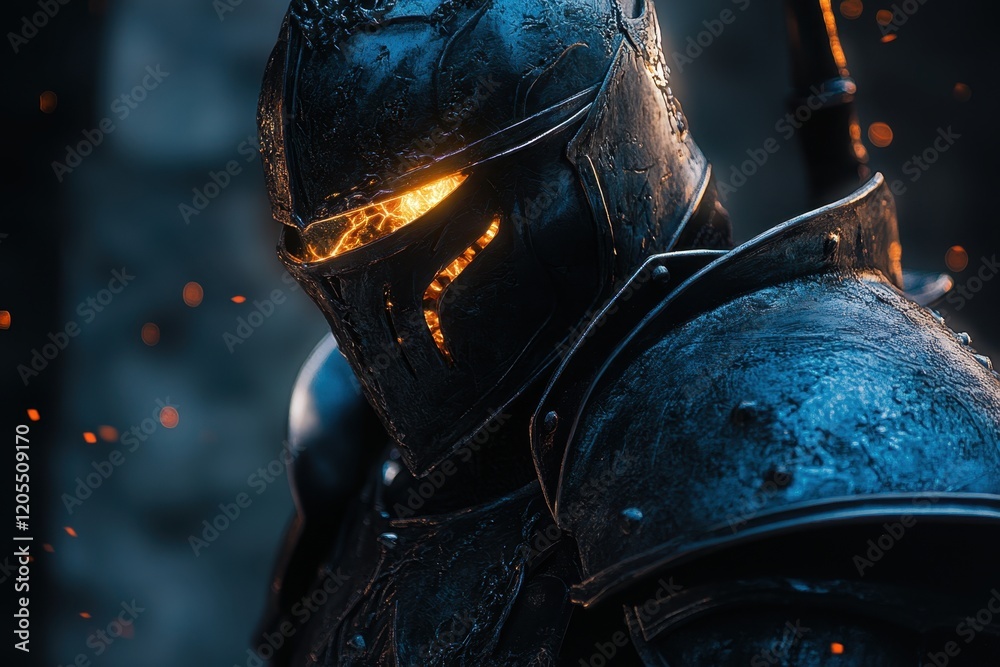 Glowing eyes of a knight in dark armor standing in a historical setting ...