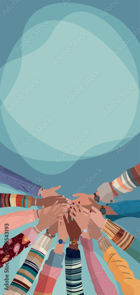Group hands on top of each other of multicultural people. Community teamwork cooperation or ...