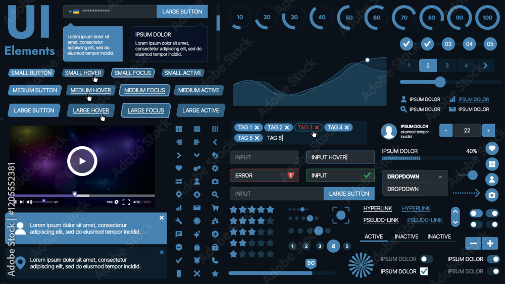 A modern UI kit featuring a collection of buttons, icons, navigation menus, and responsive ...