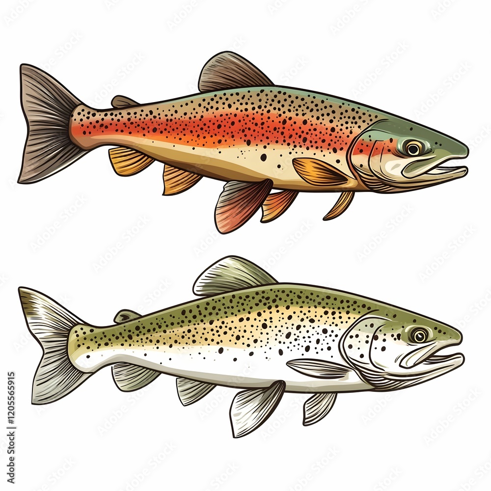Rainbow and Brown trout depicted in a detailed illustration with ...