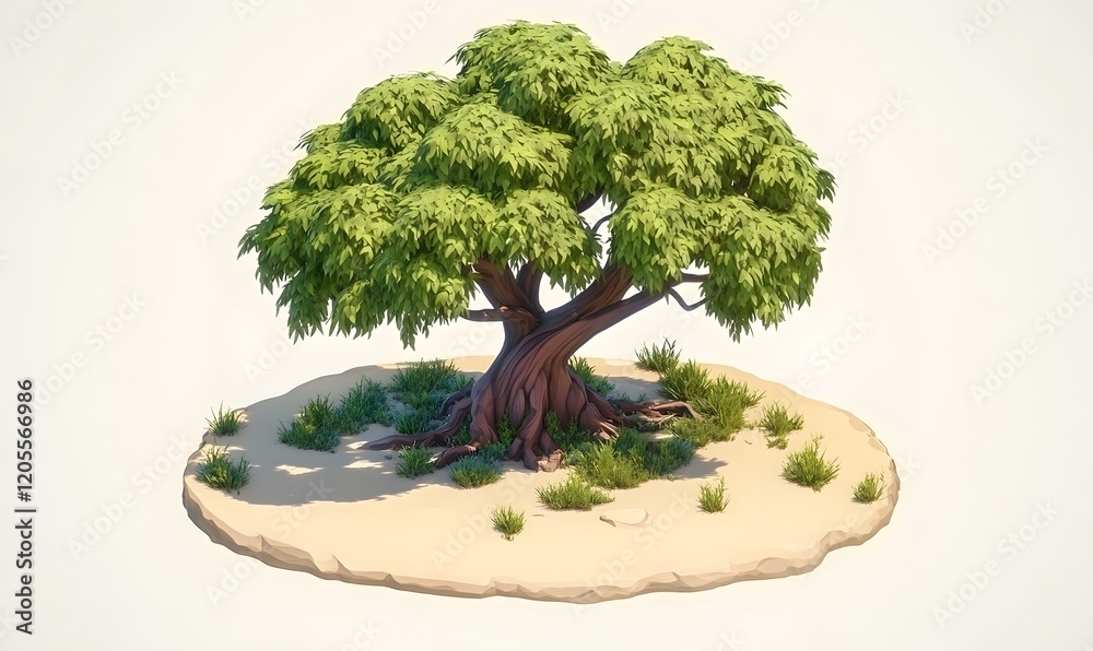 Stylized tree, sandy island, 3D render, game asset, white background ...