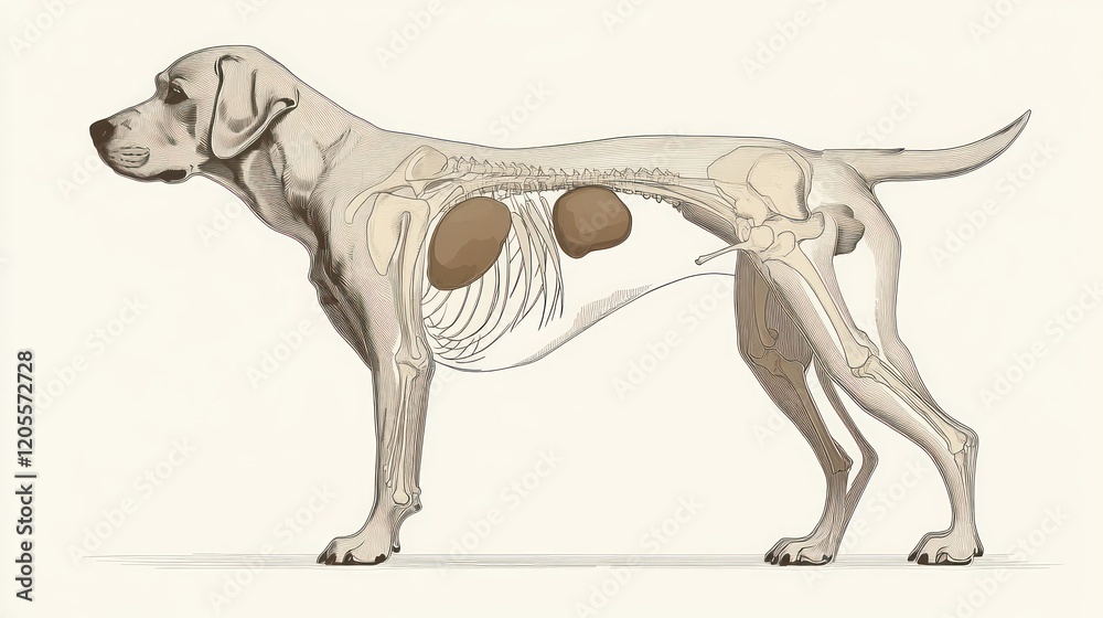 Canine anatomy illustration showing skeletal system and internal organs ...
