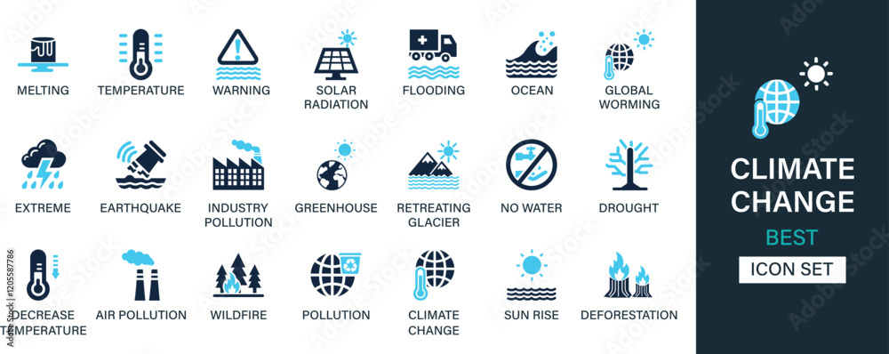 Climate change icon set collection. Melting, temperature, warning ...