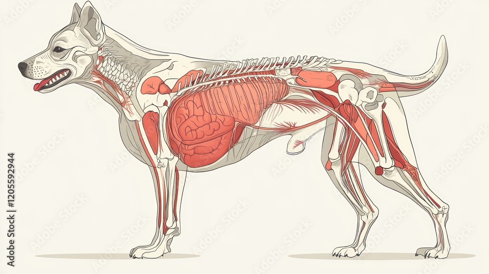 Canine anatomy illustration showing skeletal, muscular, and internal ...