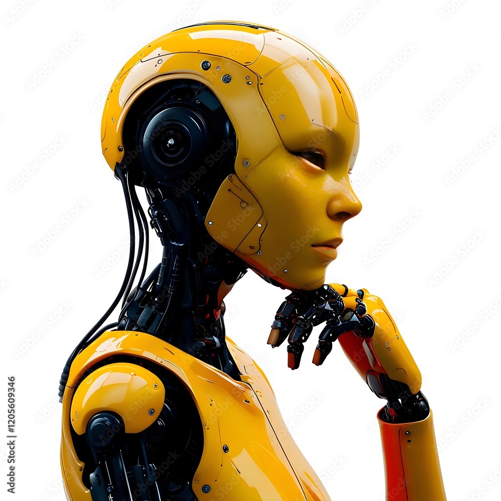 Photo illustration of a futuristic humanoid robot with a sleek yellow design, striking a ...