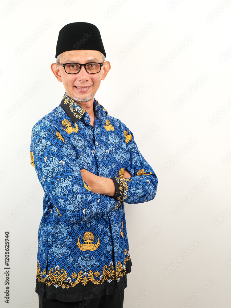 Handsome government worker man wearing korpri batik, happy face smiling ...