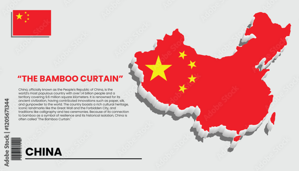An isometric map of China with the colors of the national flag (red and ...