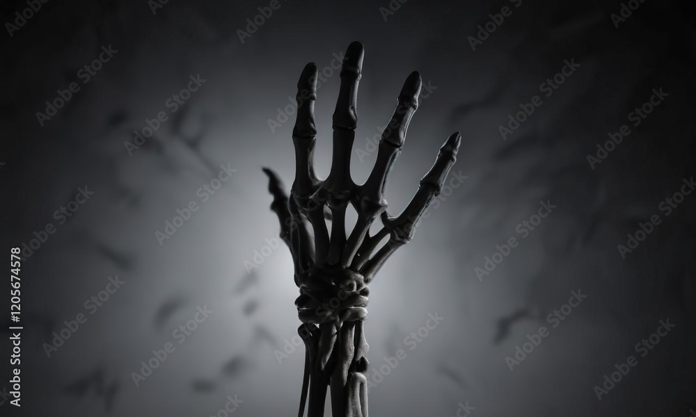 Skeleton hand of Death figure reaching out from shadows, specter ...