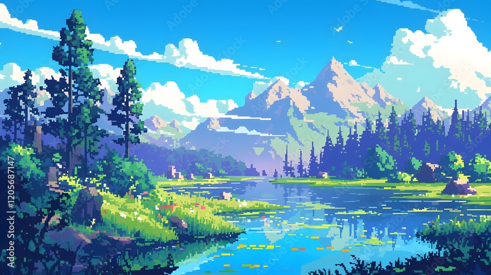 Retro video game background with pixel art of mountains, forests, and ...