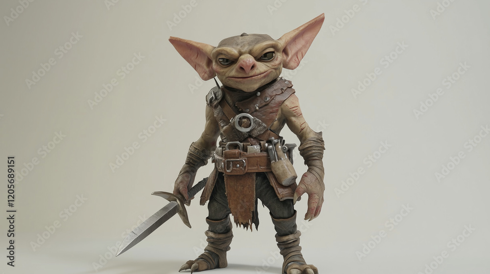 A crafty goblin armed with a short, jagged sword and wearing a belt ...