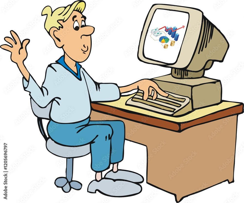 Computer showing a spreadsheet with some 3d charts over it. set of ...