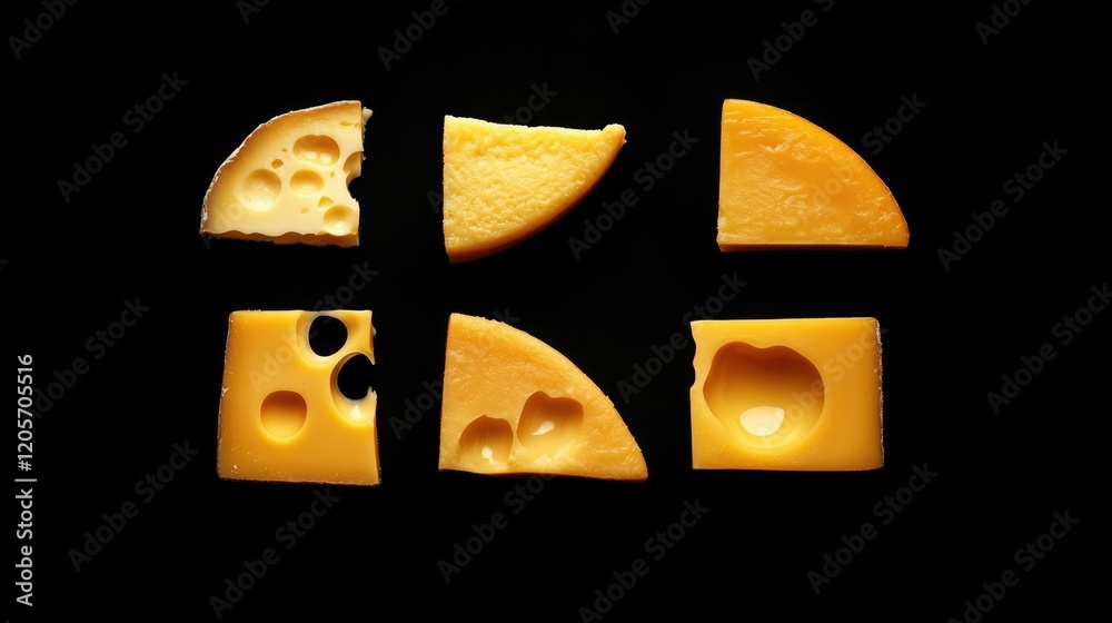 Three types of cheese on a black background: on the left, a cluster of ...