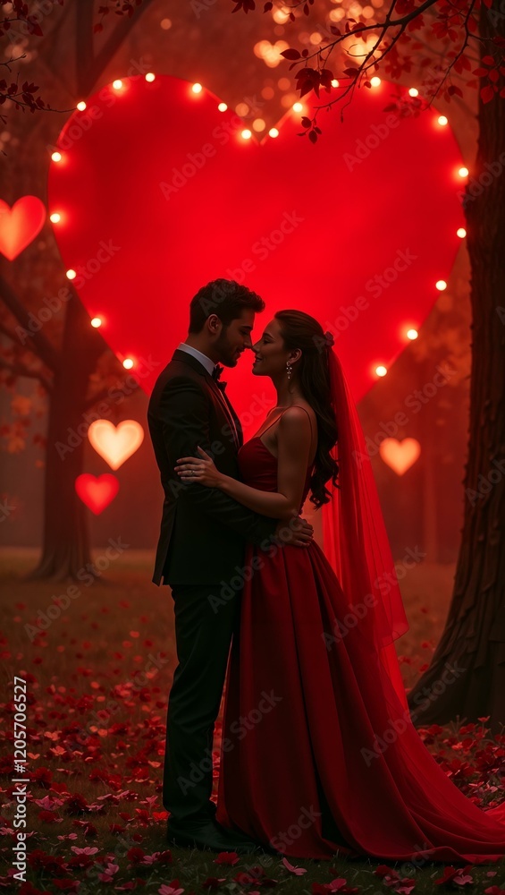 A romantic couple embraces under a large glowing heart in a dreamy ...