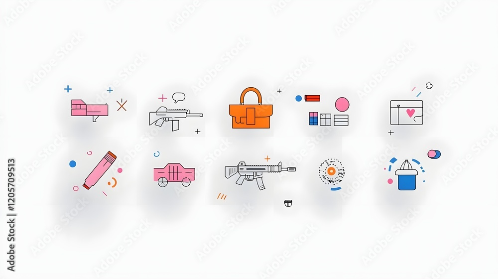 Collection of 6 minimalist outline style icons representing handguns ...