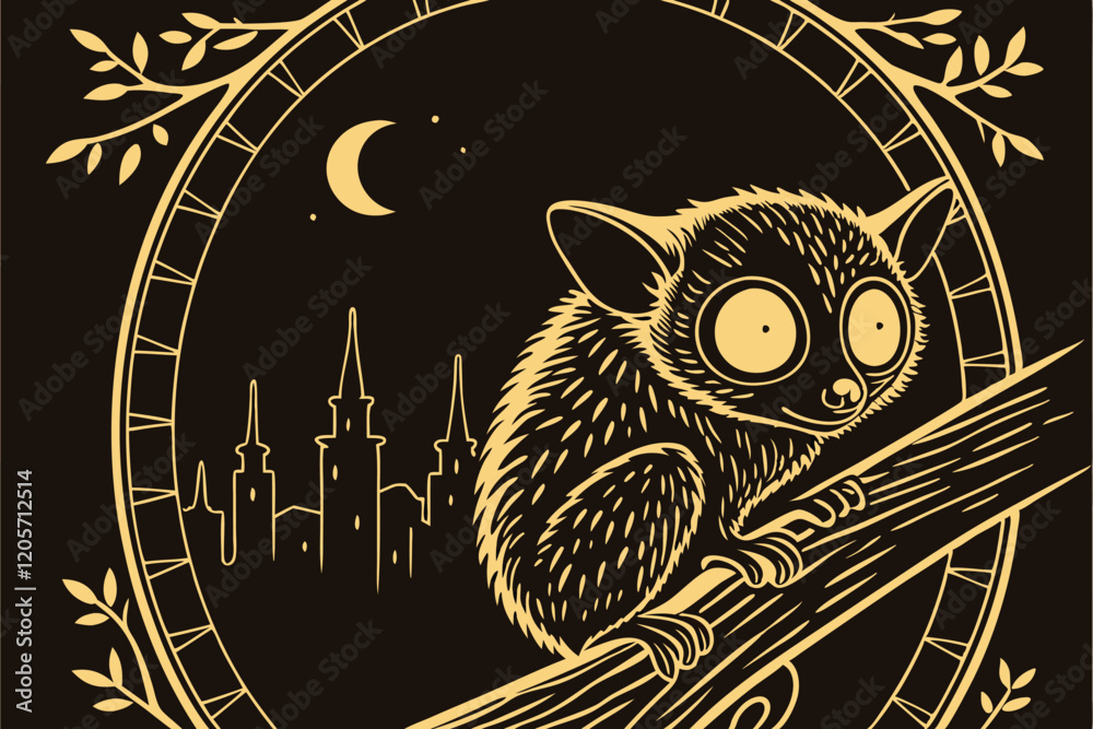 18 Dark fantasy creature, wide-eyed tarsier, circular frame, golden ...