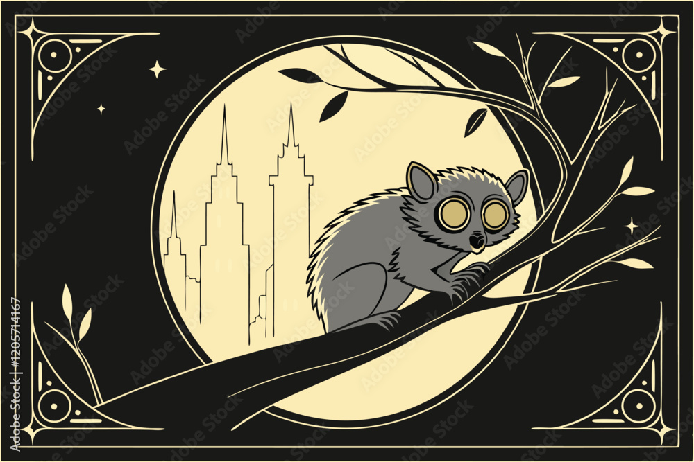 18 Dark fantasy creature, wide-eyed tarsier, circular frame, golden ...