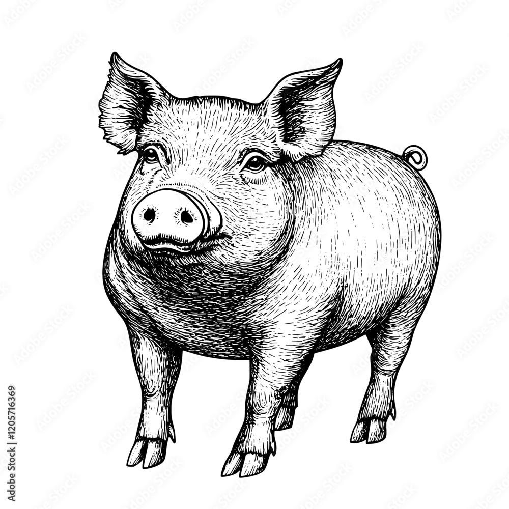 Farm animal illustration showing a detailed, realistic pig standing on ...