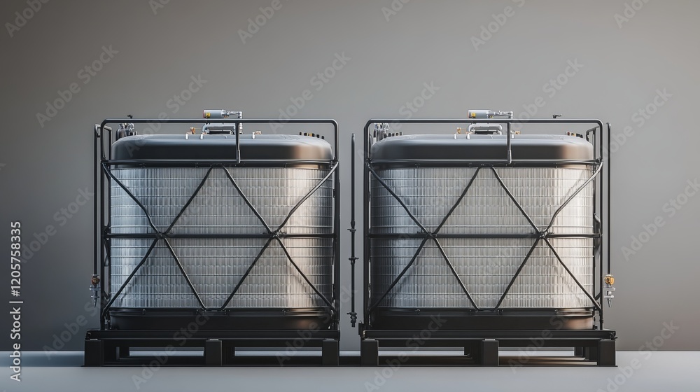 Two large water tanks displayed on a gray backdrop, featuring IBC ...