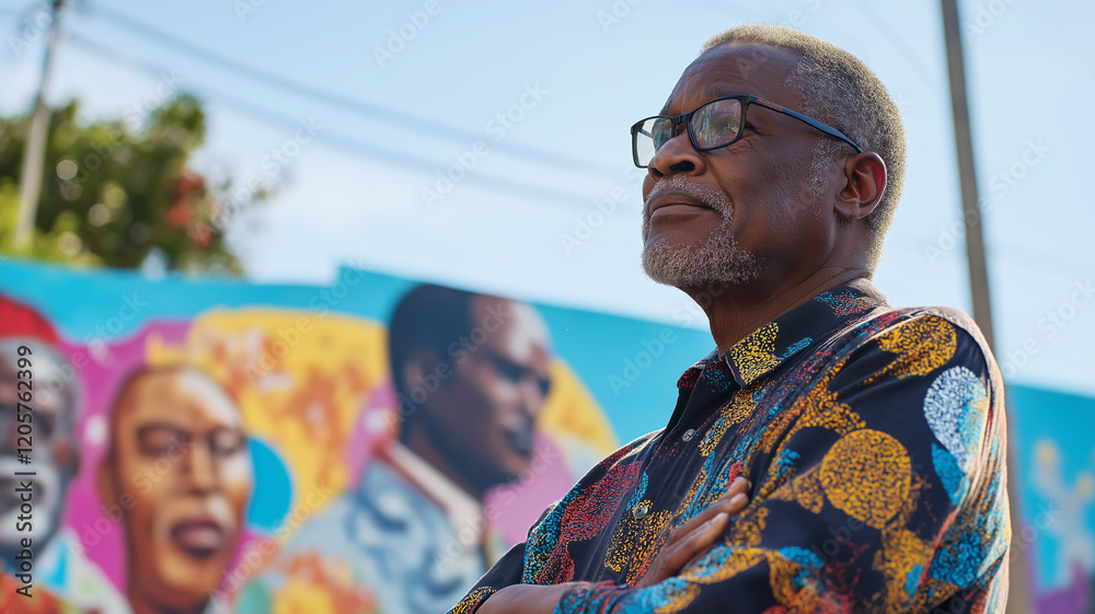Photograph of a senior Black man standing proudly in front of a mural ...