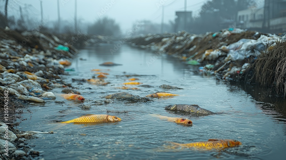 Polluted river with dead fish and plastic waste highlights ...