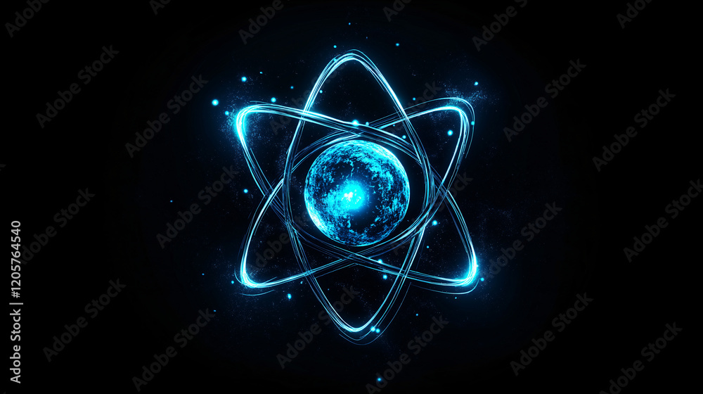 Glowing Blue Atom Neon Atomic Symbol Futuristic Science Visualization