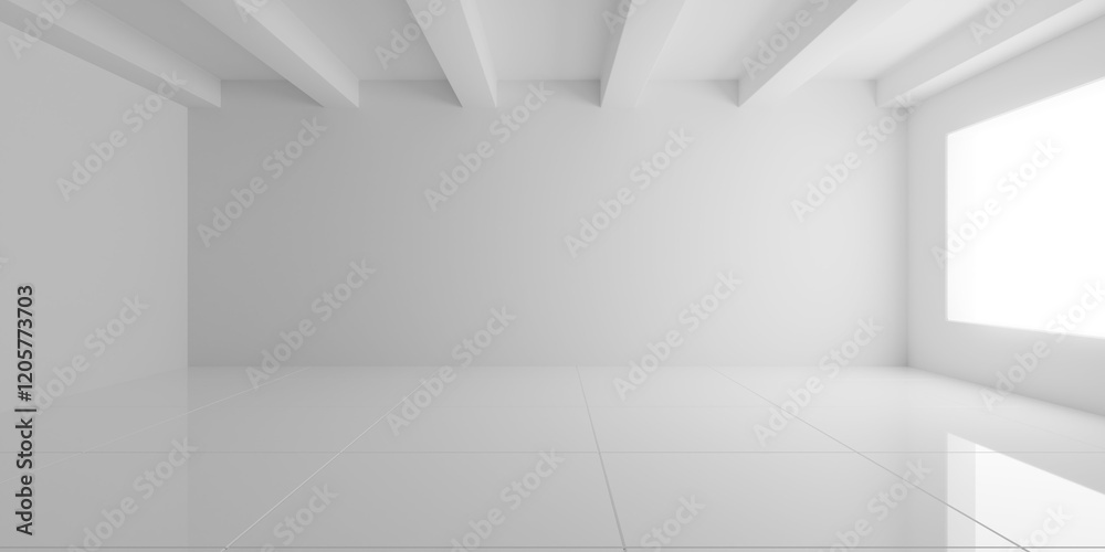Empty blank white room background with window and row of ceiling beams ...