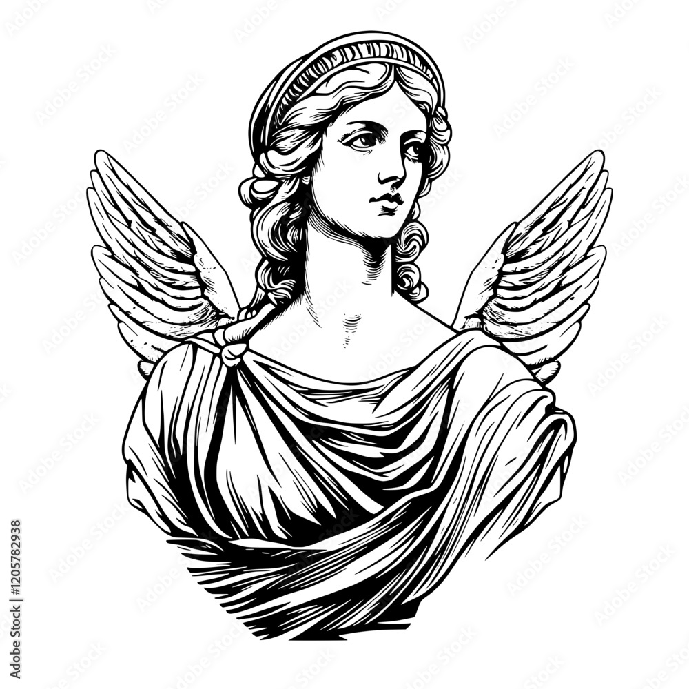 Statue of an angel with detailed wings and flowing drapery in an ...