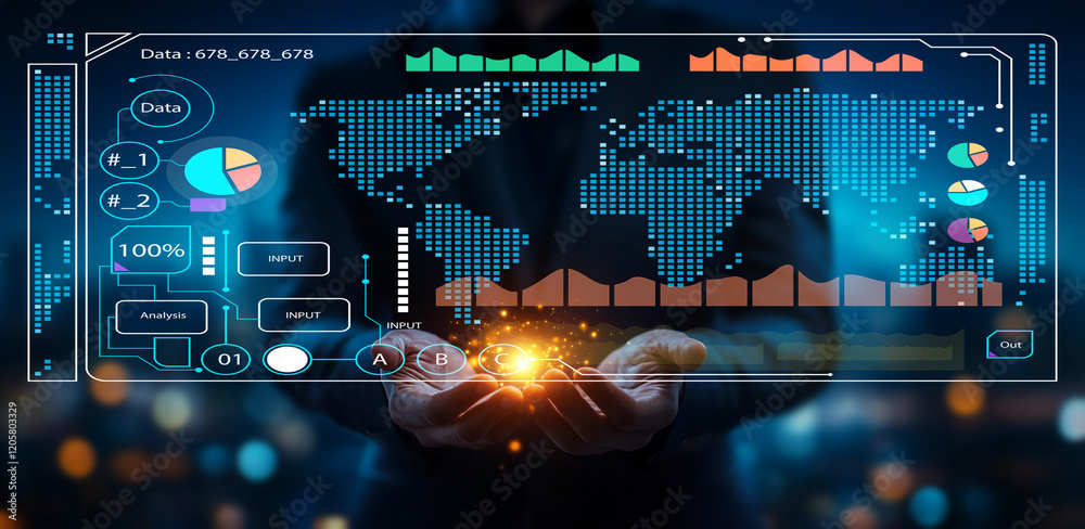 Futuristic Data Analysis Interface with World Map and Charts Displayed Over Hands Illuminated by ...