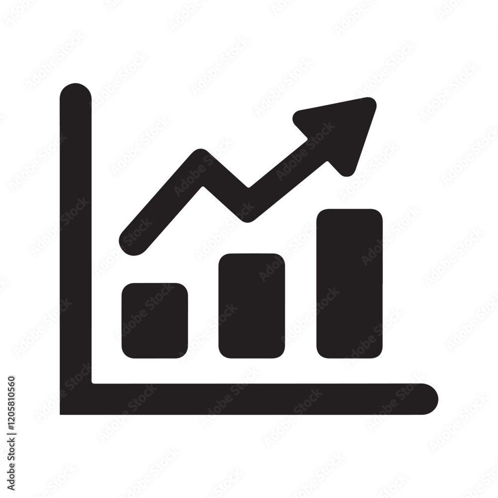 Single black arrow growing pointing up on chart graph bars icon, success graph trending upwards ...