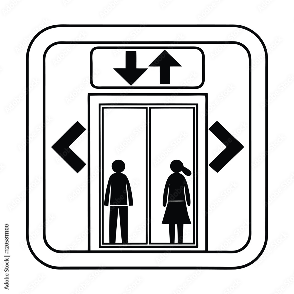 Black and white elevator symbol featuring a man and woman, with arrows ...