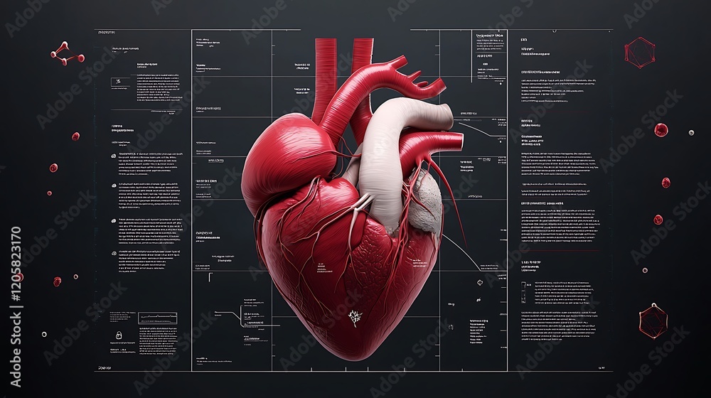Detailed anatomical illustration of a human heart with labeled ...