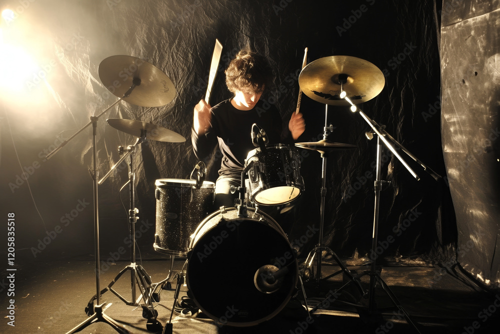 Young Drummer Performing on Stage Under Dramatic Lighting in a Dark ...