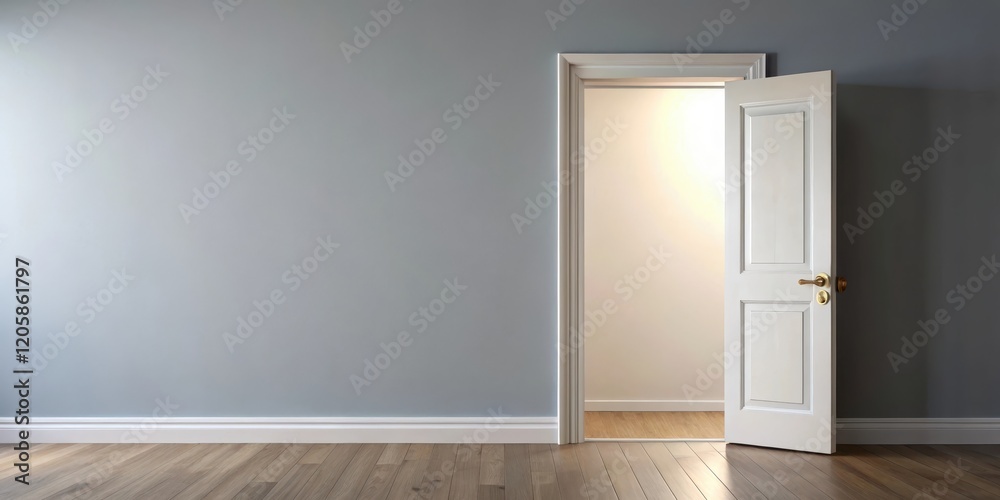 Wider opening of a door to a room with a minimalist decor, open door ...