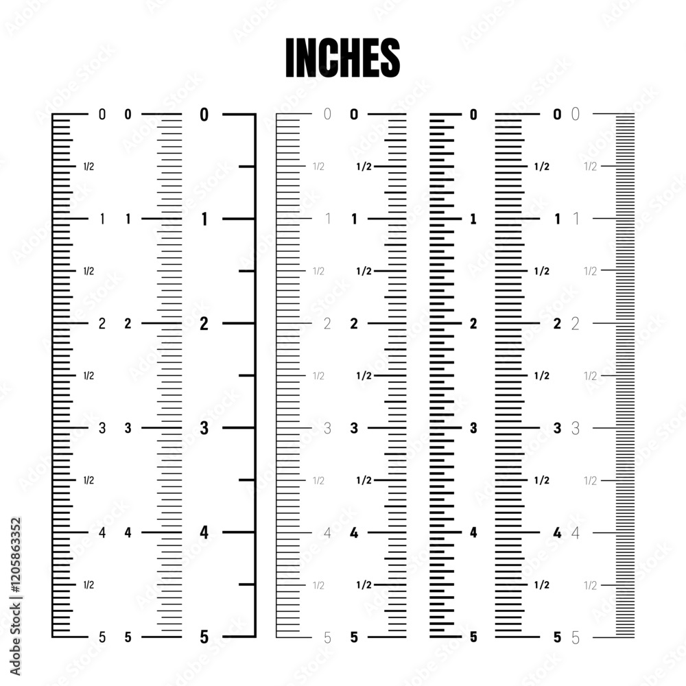 Vertical inch scale for measuring length or height. Various measurement ...