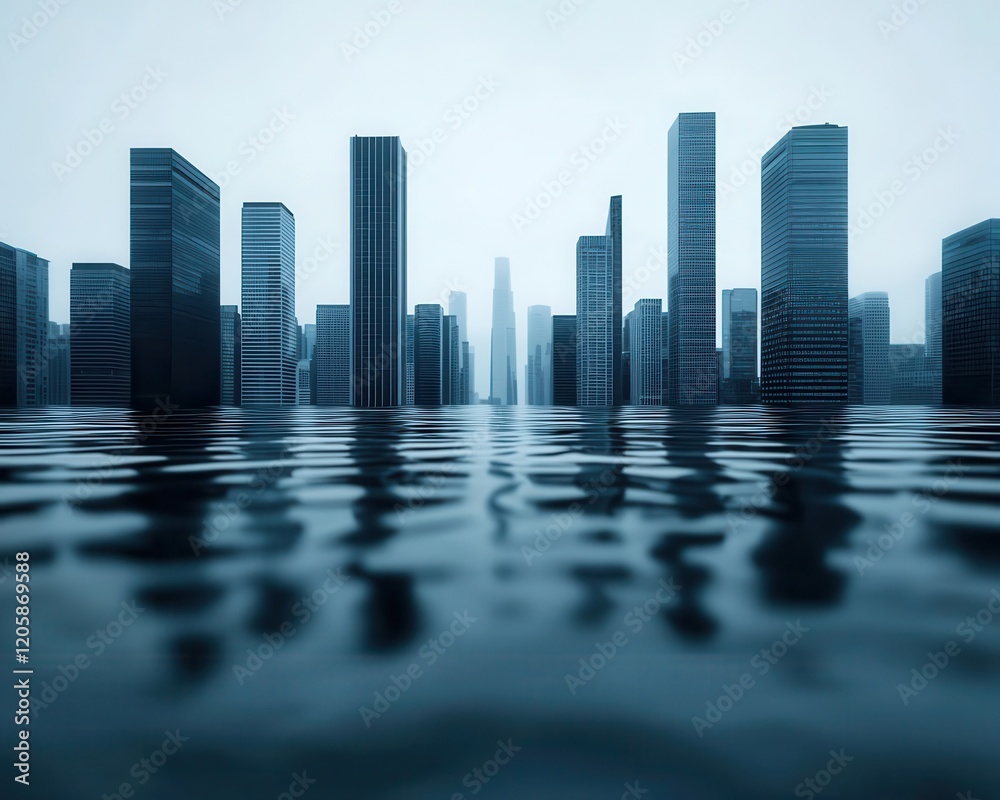 Surreal landscape of flooded city streets with towering skyscrapers ...