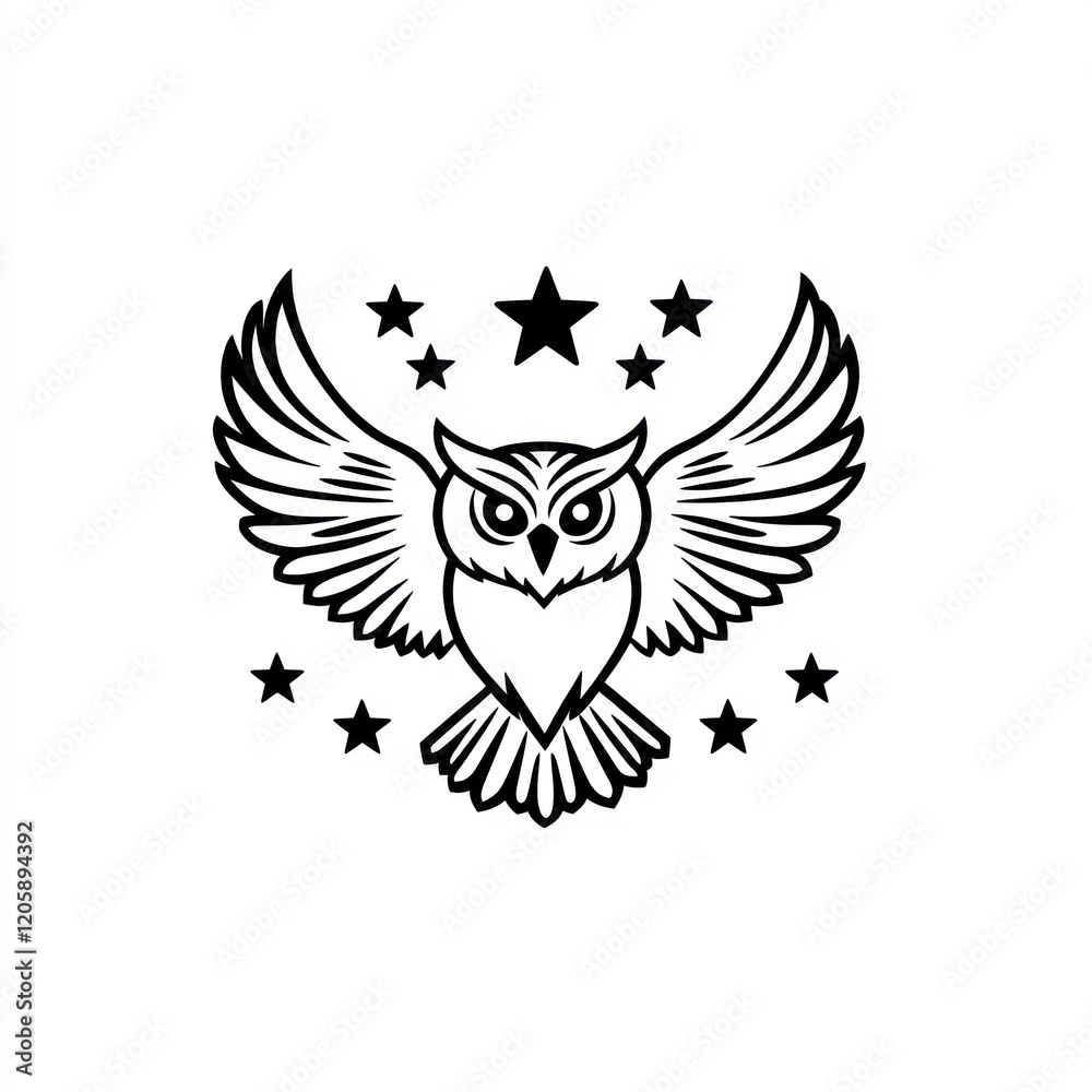 Wise owl soaring, stars surround, night sky backdrop, logo design Stock ...