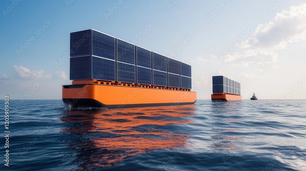 Autonomous ships docking at a port powered by solar energy, green ...