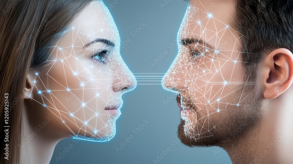 Stock-Illustration „Face-to-face interaction with digital grid overlays ...