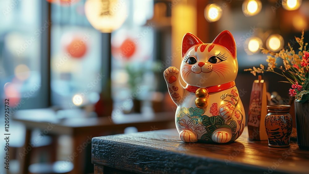 Cute Maneki cat figurine waving one arm, placed on a Japanese ...