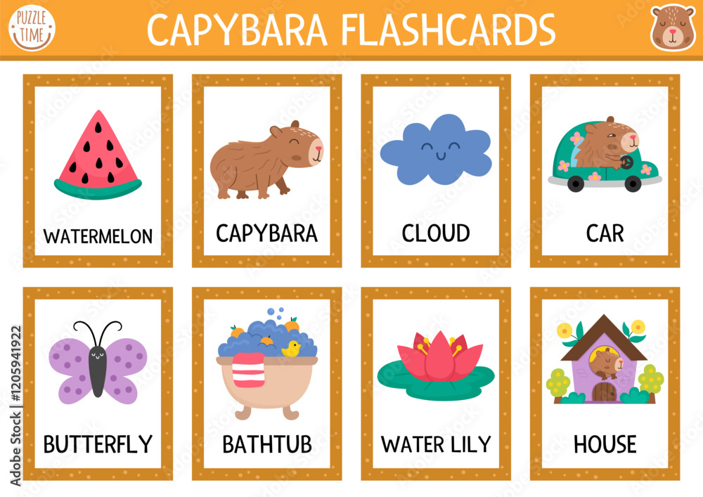 Vector capybara flash cards set with bathtub, butterfly, watermelon ...