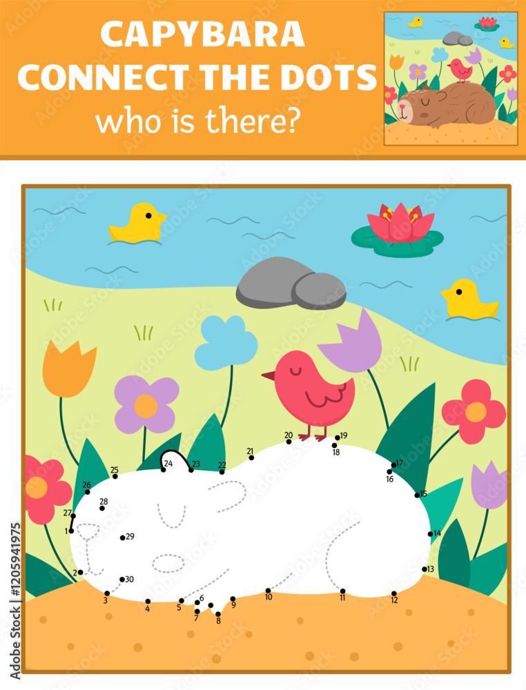 Vector capybara dot-to-dot and color activity with cute animal sleeping ...
