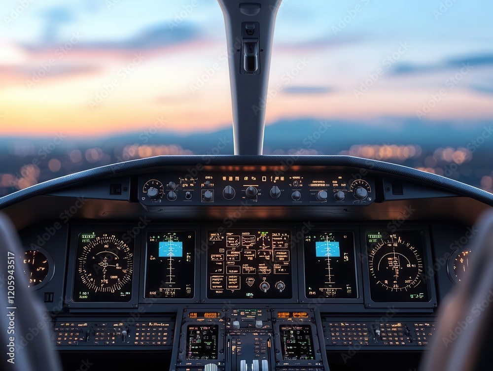 Private jet cockpit interior illuminated by ambient light, with ...