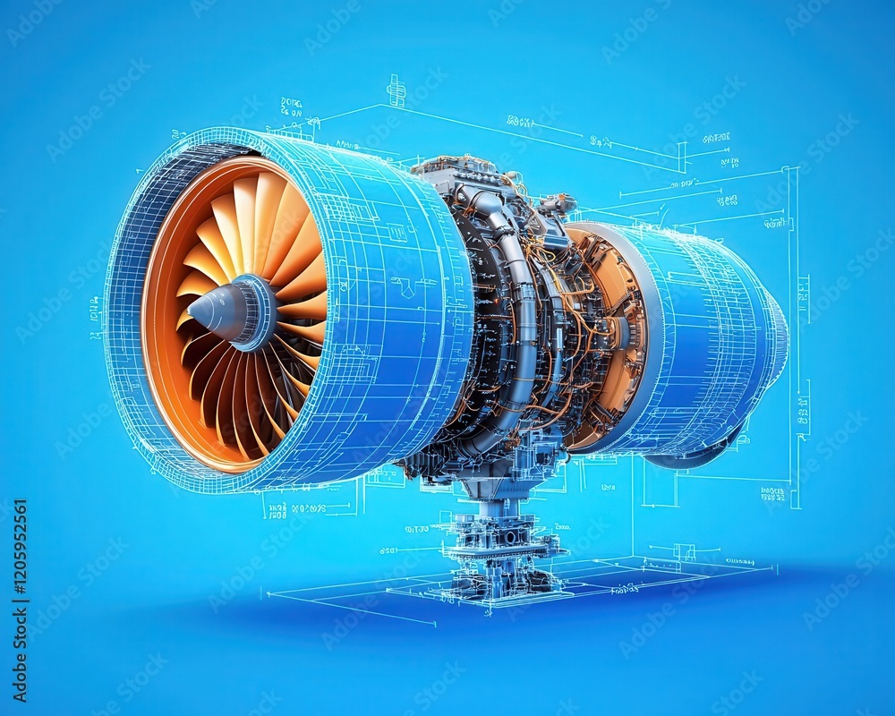Crosssection blueprint of a dualspool jet engine with airflow and ...
