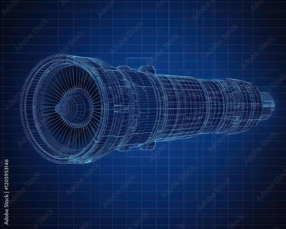 Ilustrace Crosssectional blueprint of a jet engine showing airflow ...
