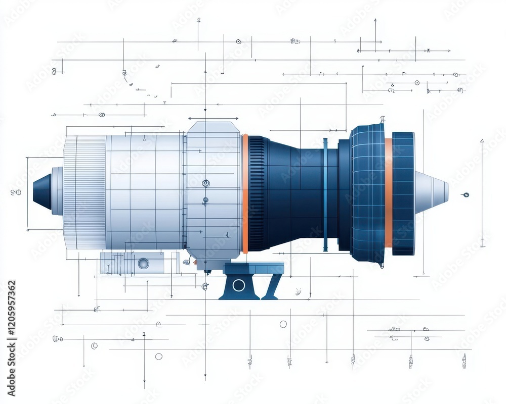 Detailed technical drawing of a modern jet engine, crosssectional view ...